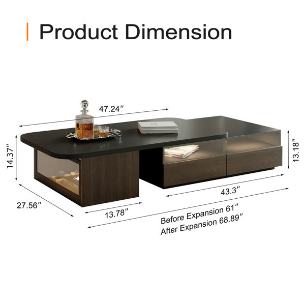 Ivy Bronx Table basse 69 po avec tiroirs de rangement, lumières à capteur et porte en verre ...